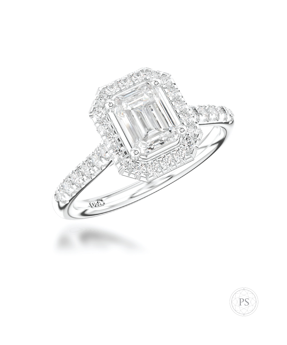 0 70ct G Vvs2 Emerald Cut Diamond Halo Ring Phillip Stoner The Jeweller
