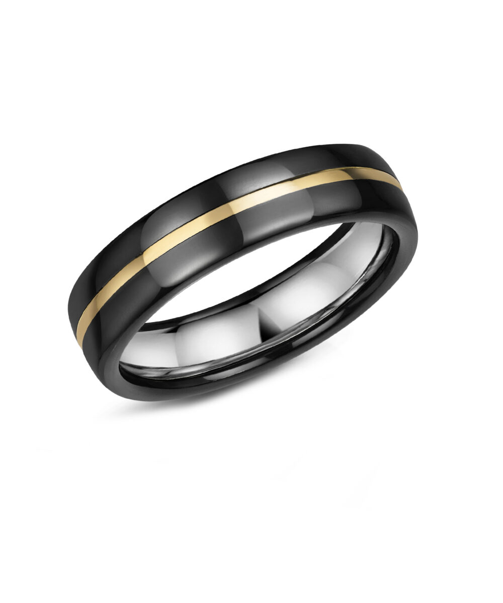 6mm Black Zirconium Band with 9ct Yellow Gold Line Detail - Phillip ...